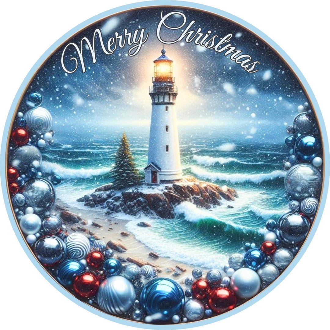 Christmas Beach Scene With Lighthouse Wreath Sign, Nautical Merry ...