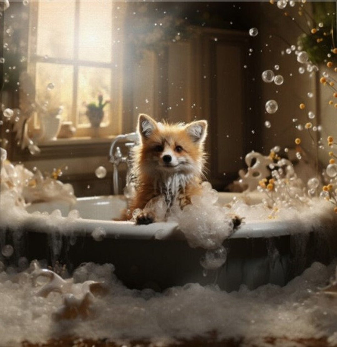 Fox in the Bathtub Canvas- Funny Bathroom Animal Wall Art, Cute Fox ...