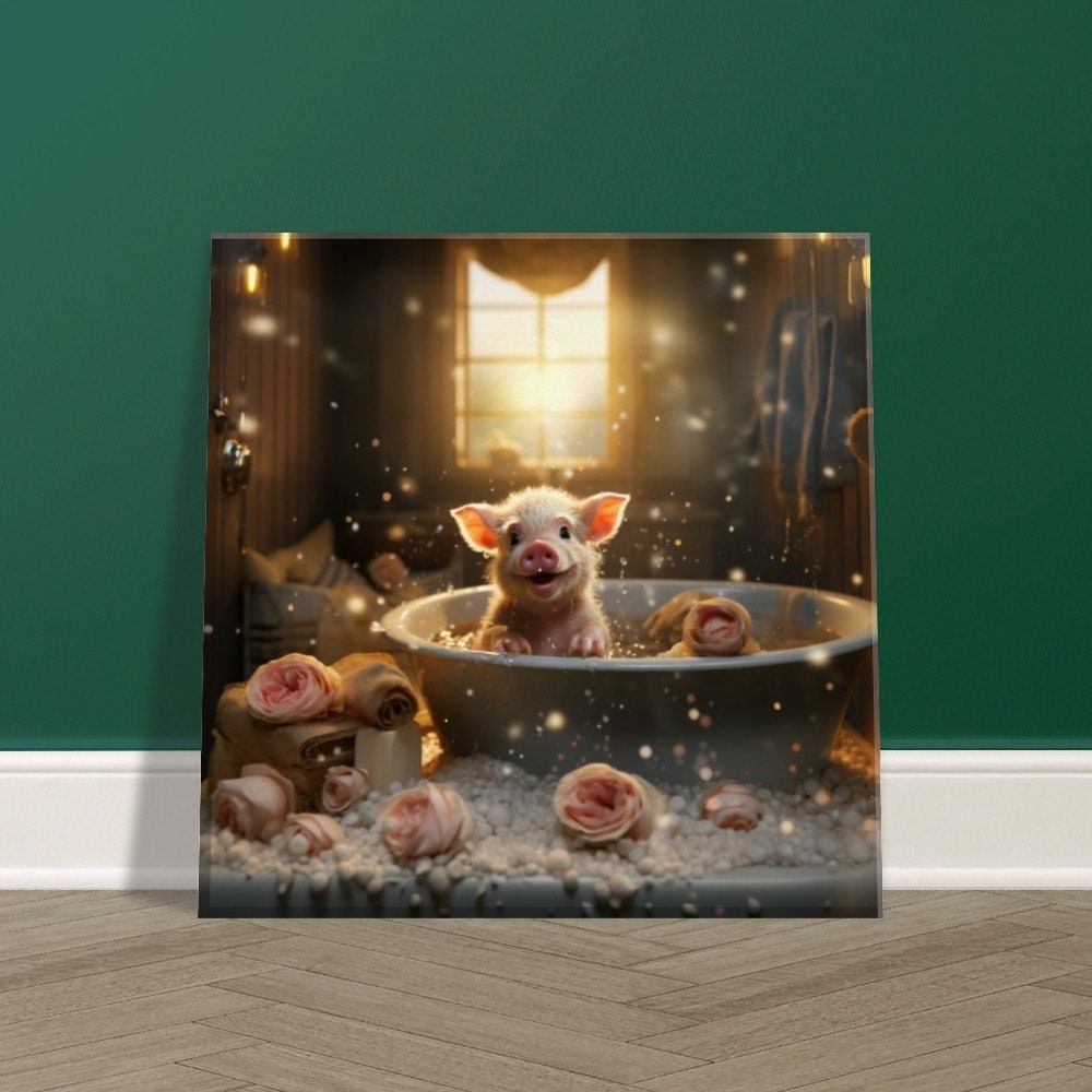 Pig in the Bathtub Canvas Funny Bathroom Animal Wall Art, Cute Pig ...