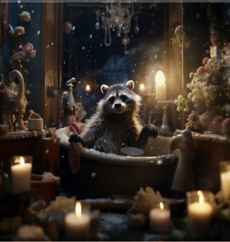 Raccoon in the Bathtub Canvas- Funny Bathroom Animal Wall Art, Raccoon ...
