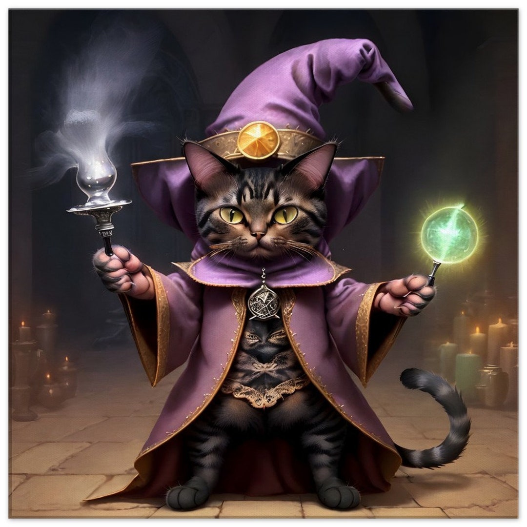 Magic Cat Wall Art Canvas - Funny Animal Art, Whimsical Cat Art, Animal ...