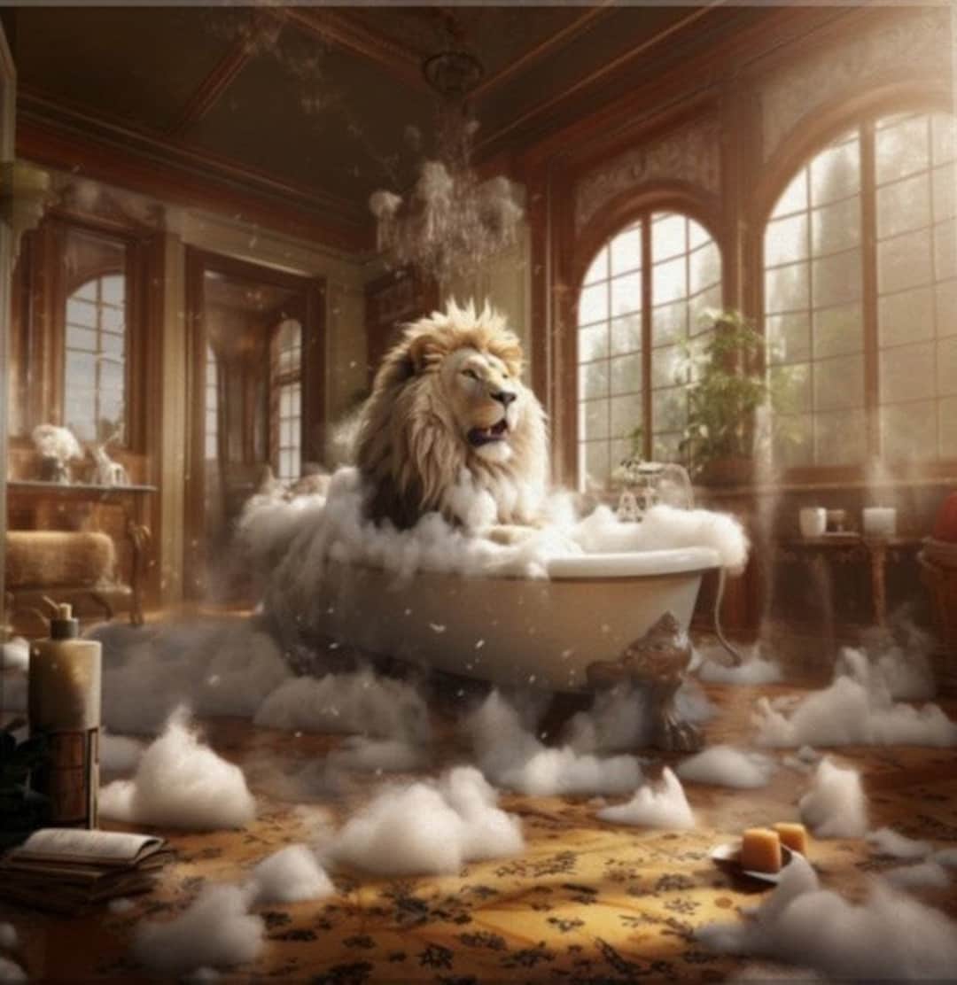 Lion in the Bathtub Canvas- Funny Bathroom Animal Wall Art, Cute Lion ...