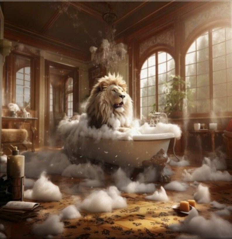 Lion in the Bathtub Canvas- Funny Bathroom Animal Wall Art, Cute Lion ...