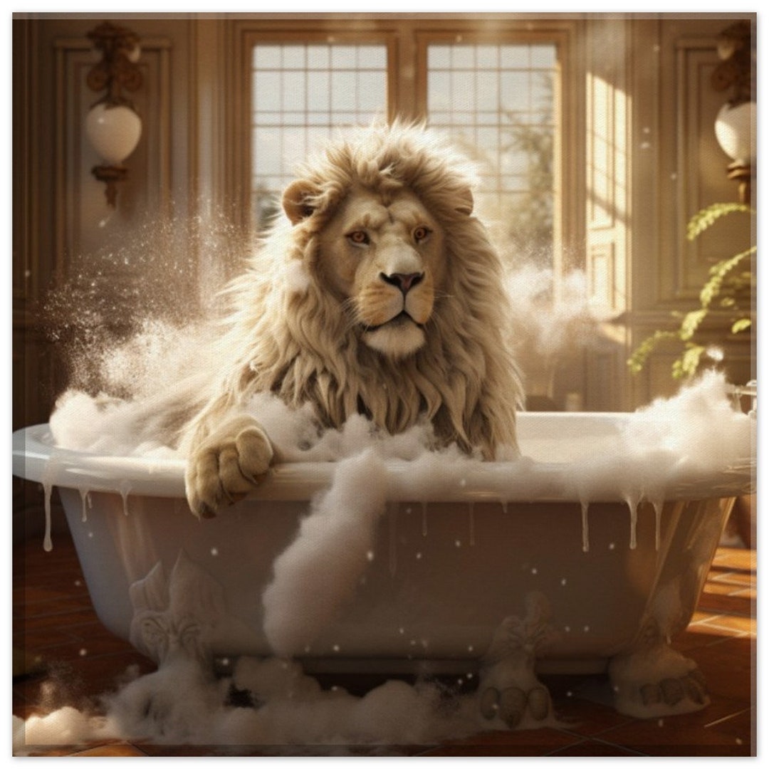 Lion in the Bathtub Canvas- Funny Bathroom Animal Wall Art, Cute Lion ...