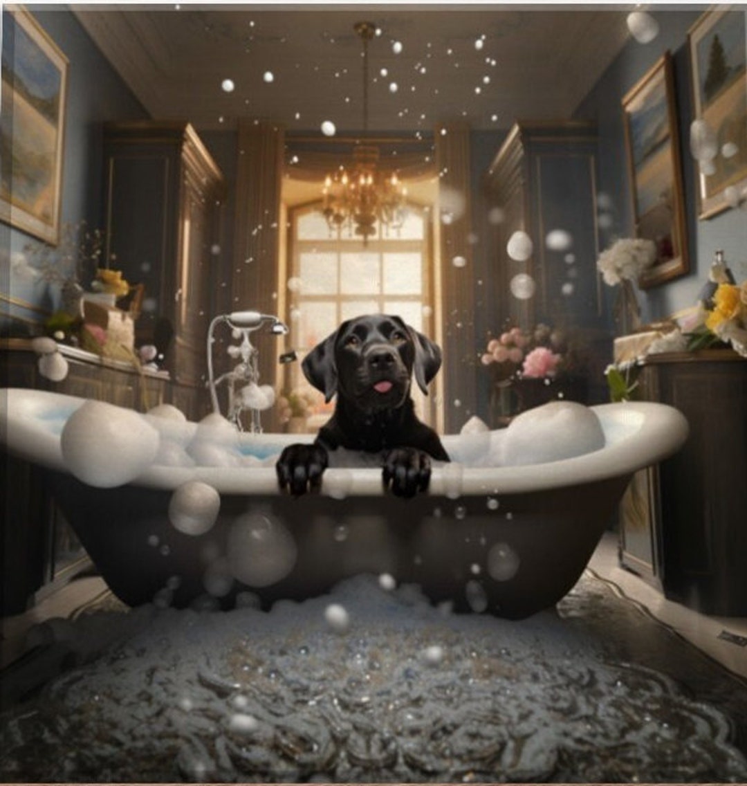 Black Lab in the Bathtub Canvas- Funny Bathroom Animal Wall Art, Cute ...