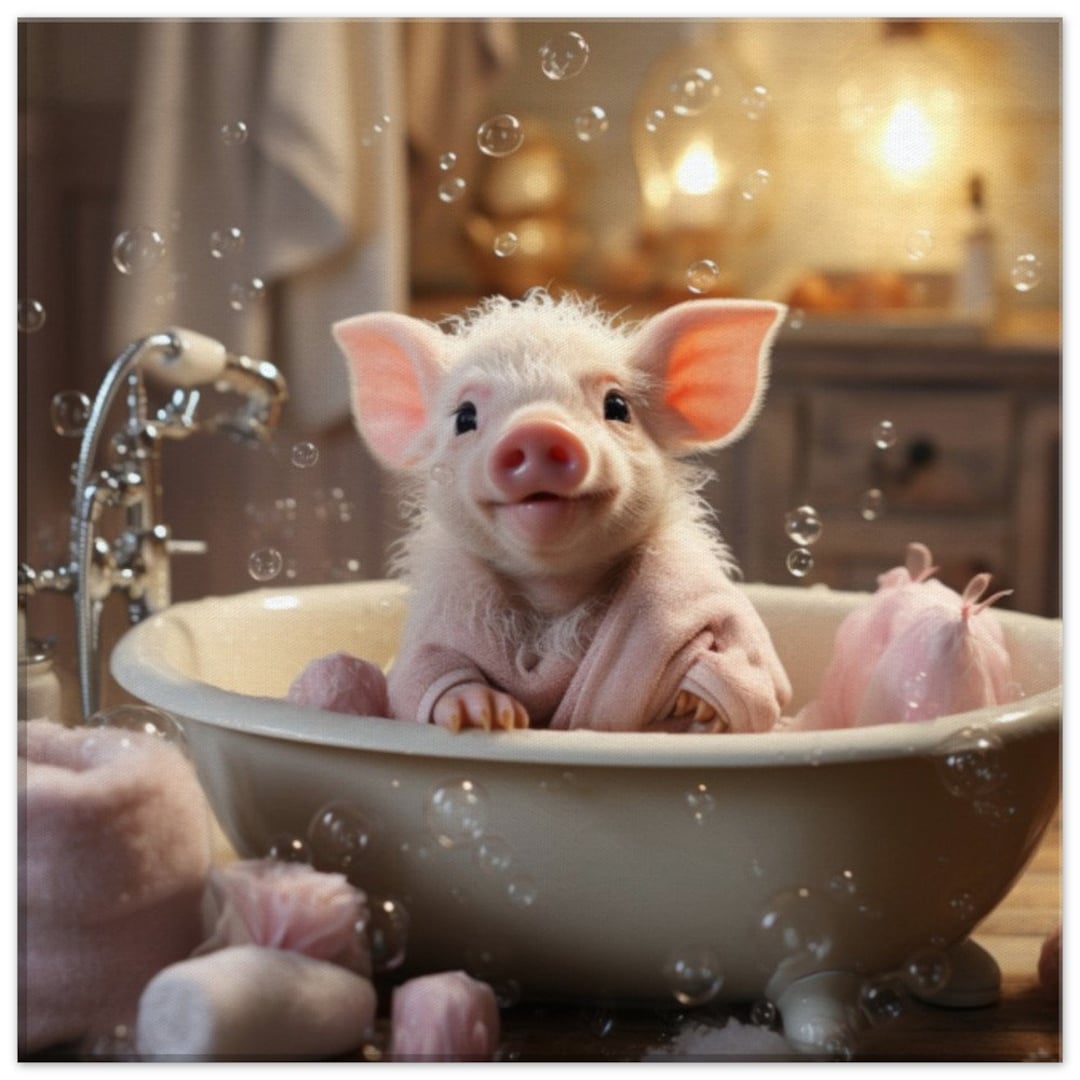 Pig in the Bathtub Canvas Funny Bathroom Animal Wall Art, Cute Pig ...