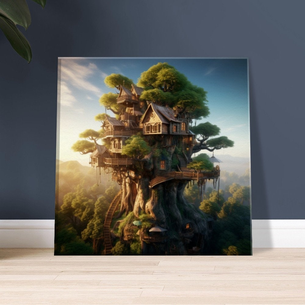 Tree House Canvas - Abstract Wall Art - Majestic Tree House in the ...