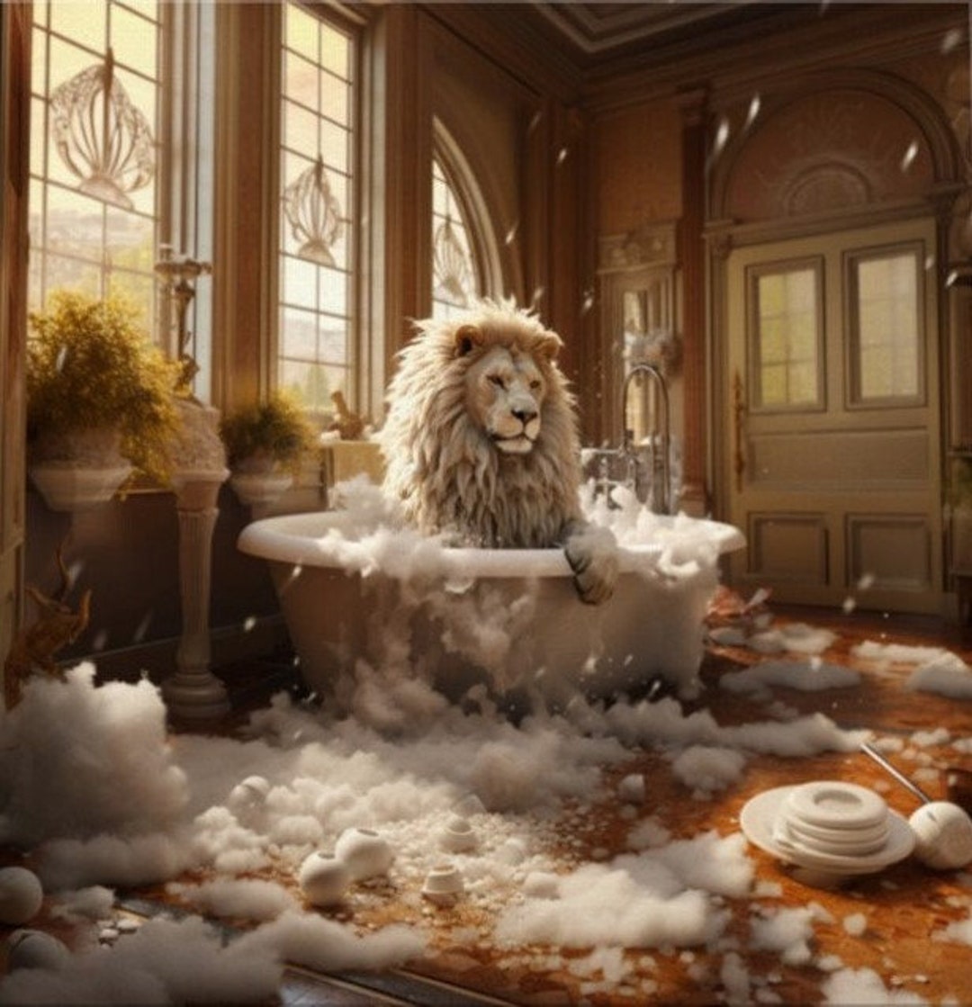 Lion in the Bathtub Canvas- Funny Bathroom Animal Wall Art, Cute Lion ...
