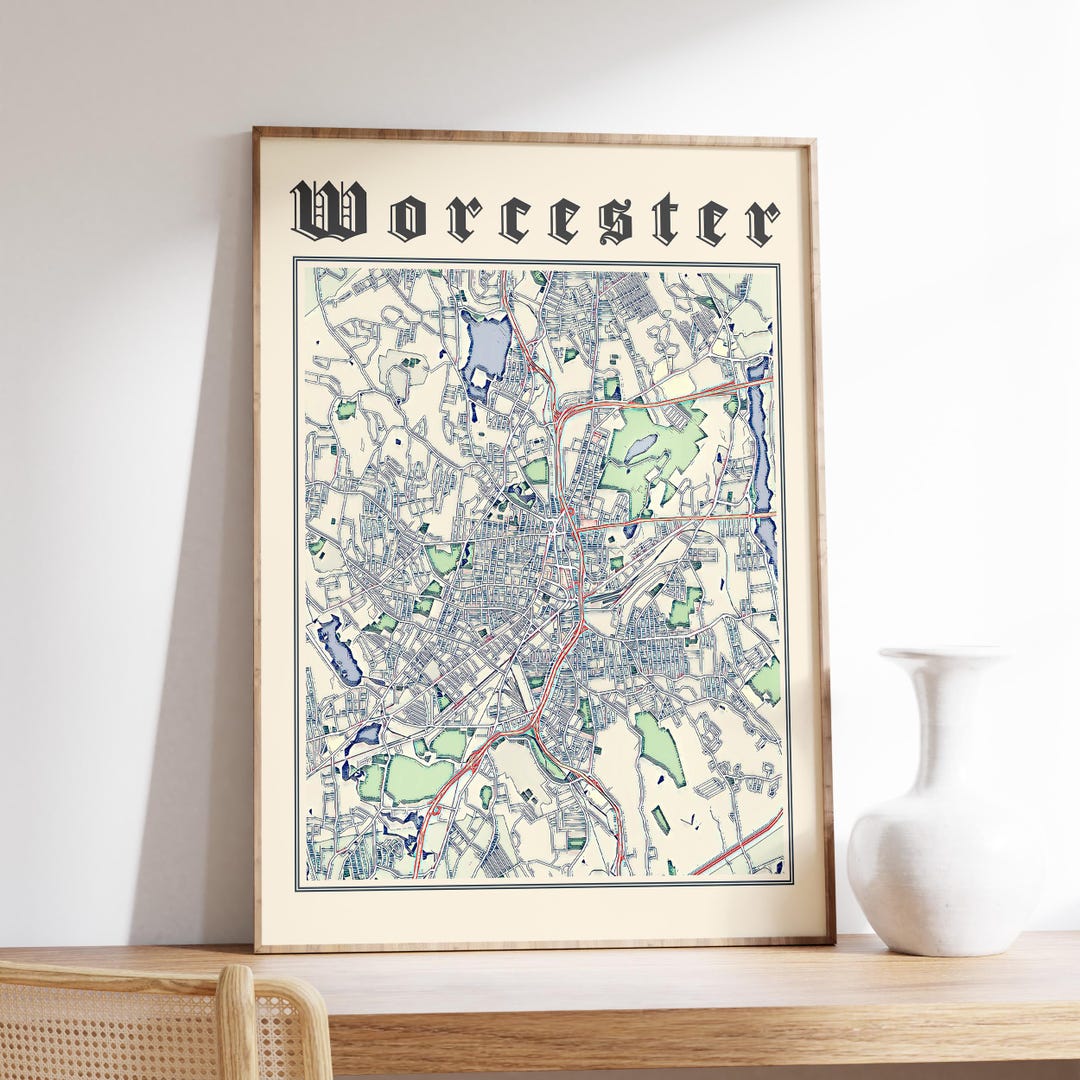 Classic Worcester Map Poster of Worcester Massachusetts Print of ...
