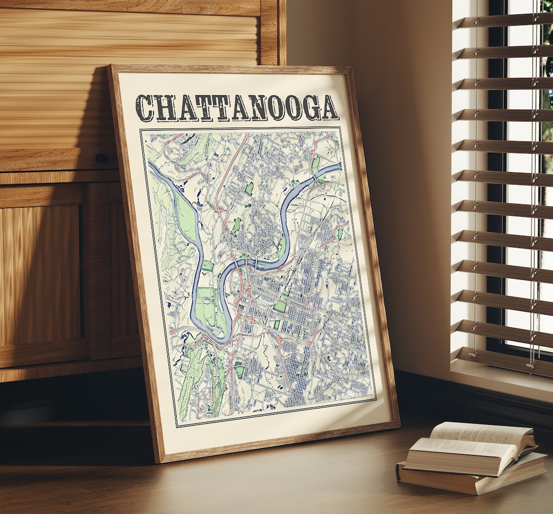 Antique Chattanooga Map Poster of Chattanooga Tennessee Classic Map of ...