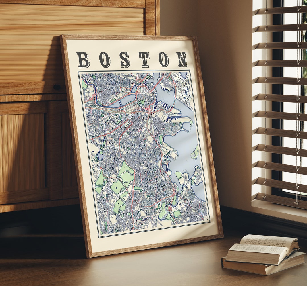 Antique Boston Map Poster of Boston Massachusetts Classic Map of Boston ...