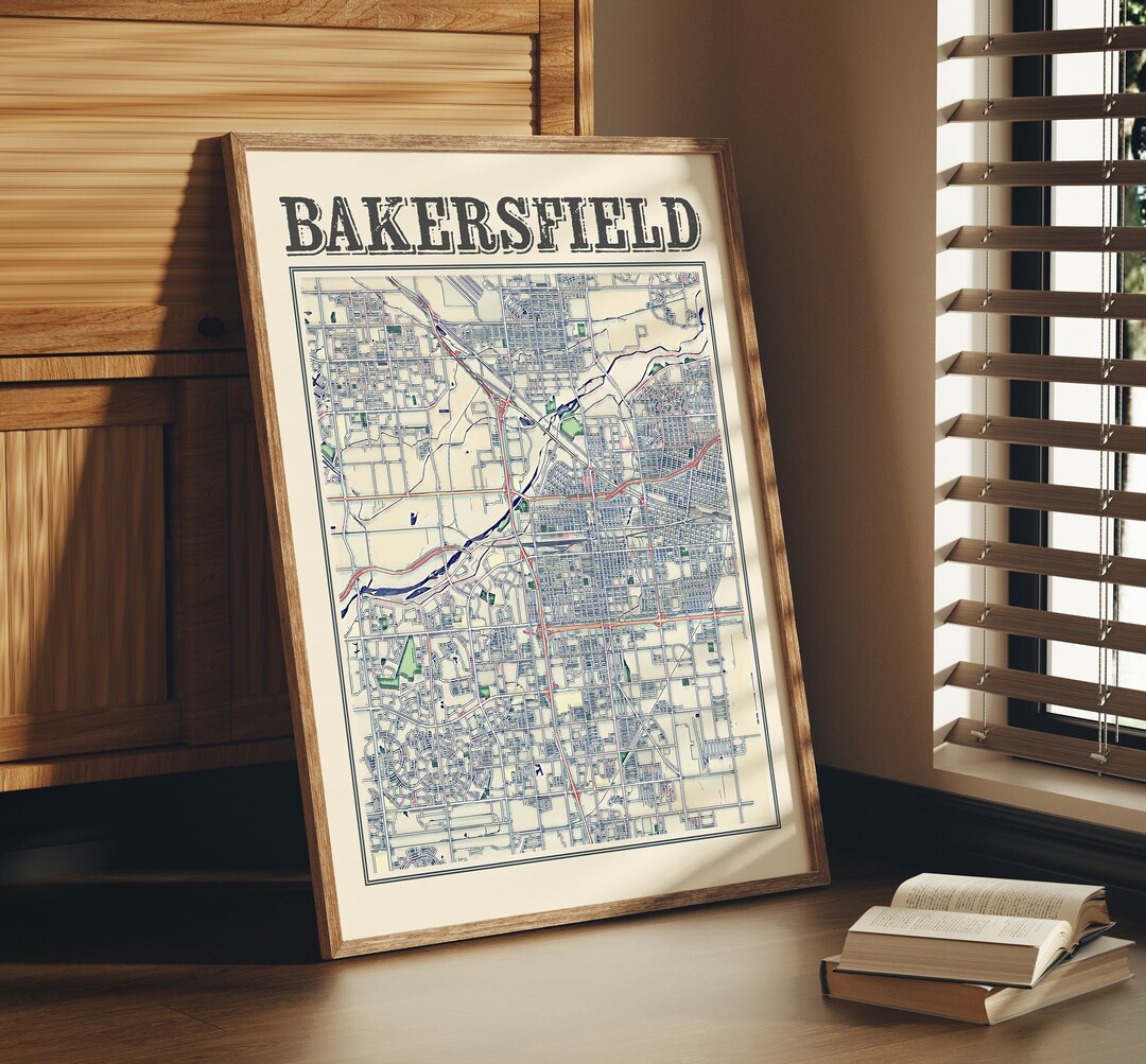Antique Bakersfield Map Poster of Bakersfield California Vintage Home Décor of Bakersfield Print ...
