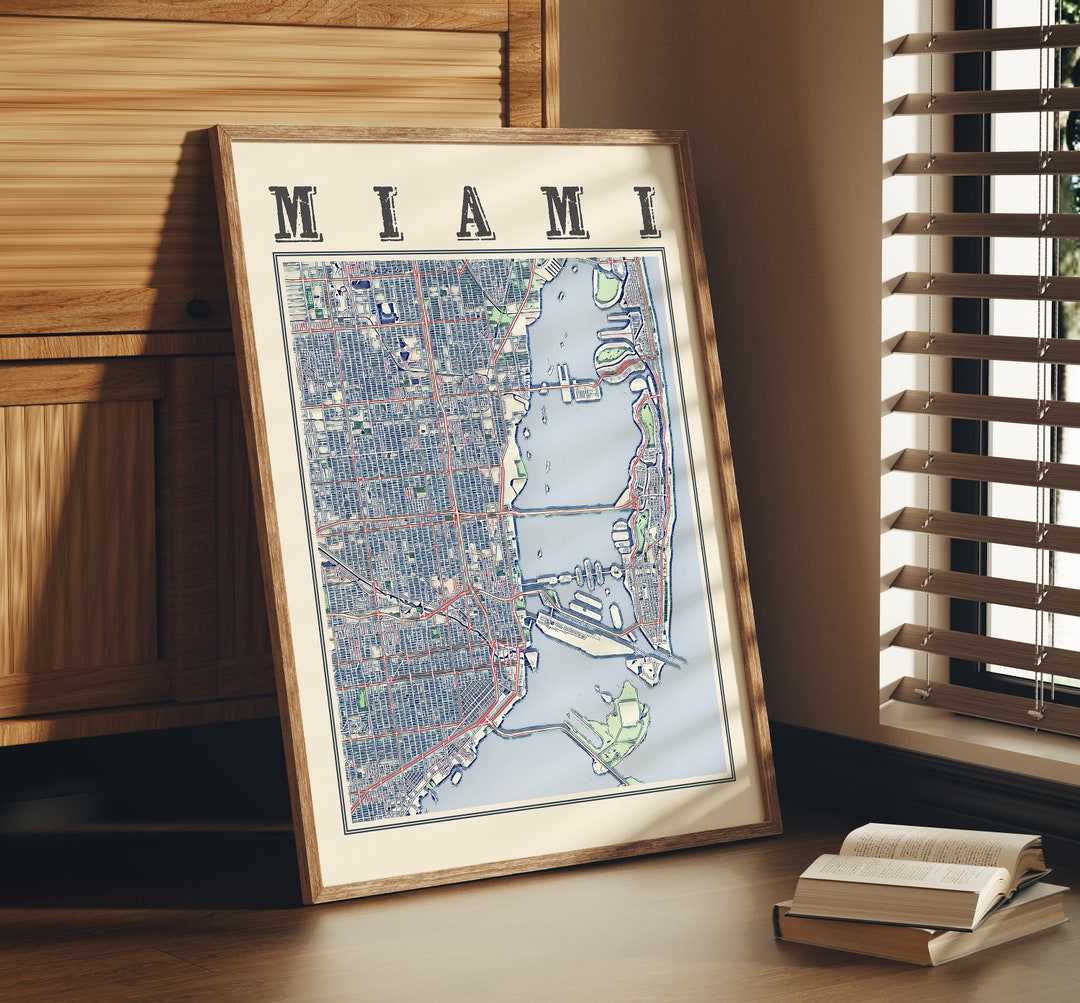 Antique Miami Map Poster of Miami Florida Classic Map of Miami Print of ...