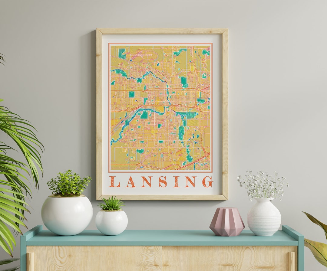 Watercolor Lansing Michigan Map Poster of Lansing Map of Lansing Wall ...