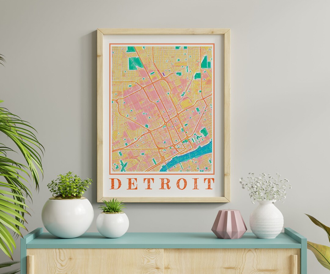 Watercolor Detroit Map Poster of Detroit Wall Art of Michigan Map of ...