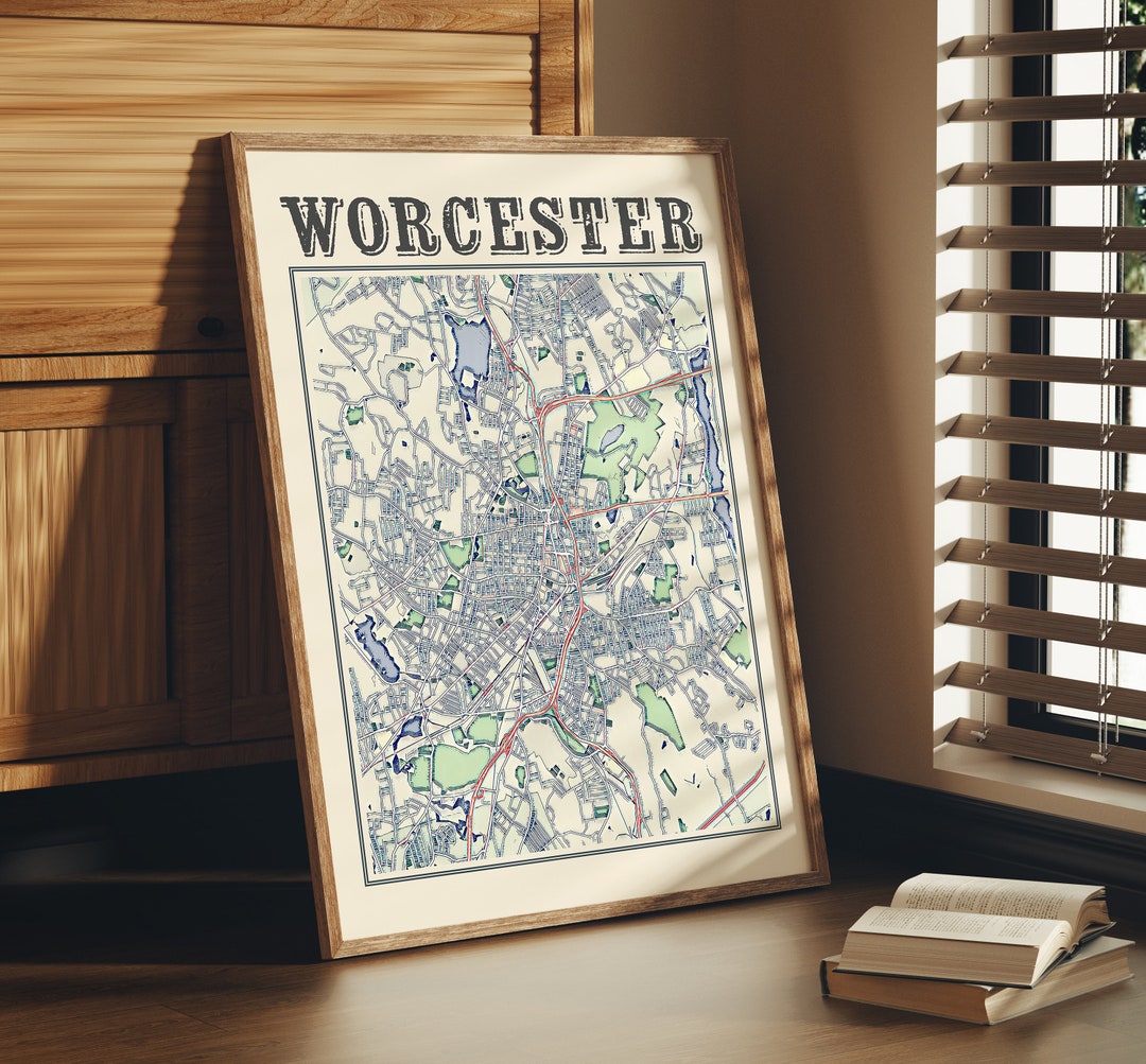 Antique Worcester Map Poster of Worcester Massachusetts Classic Map of ...