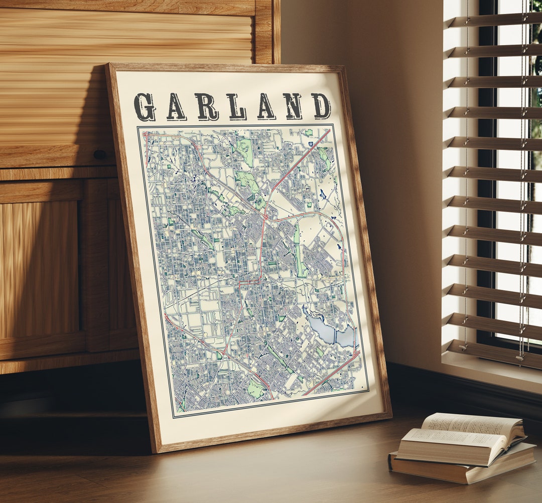 Antique Garland Map Poster of Garland Texas Wall Art of Garland TX ...