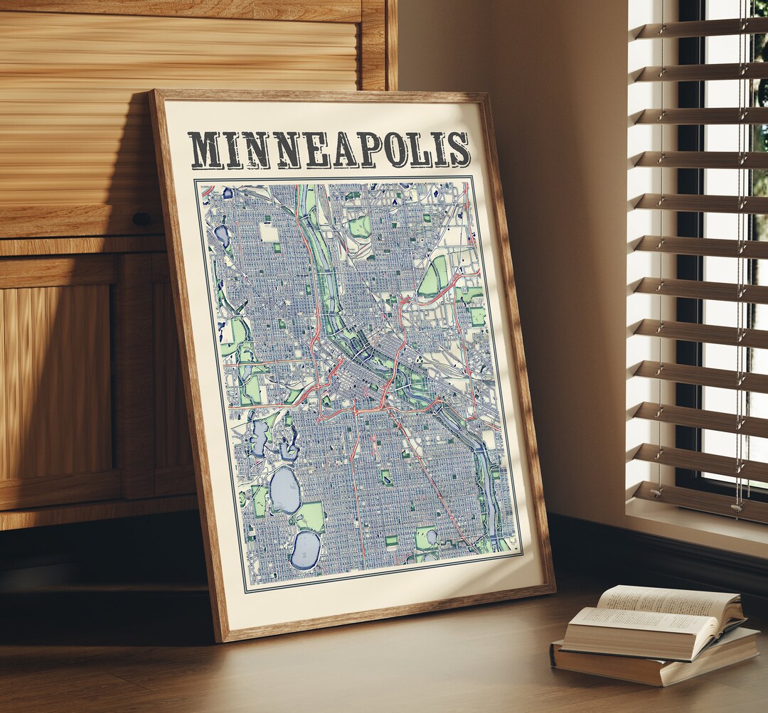 Antique Minneapolis Map Poster of Minneapolis Minnesota Classic Map of ...