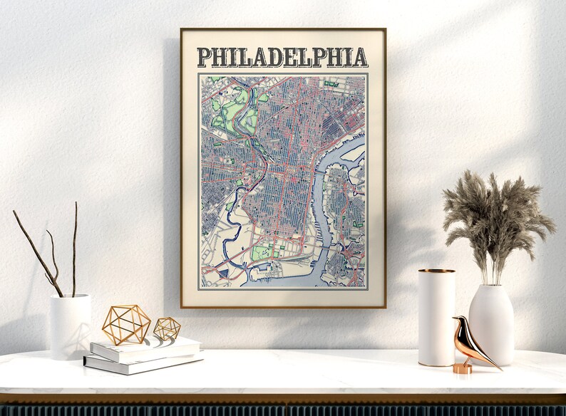 Impresión de mapa antiguo de Filadelfia, arte mural clásico de la ...