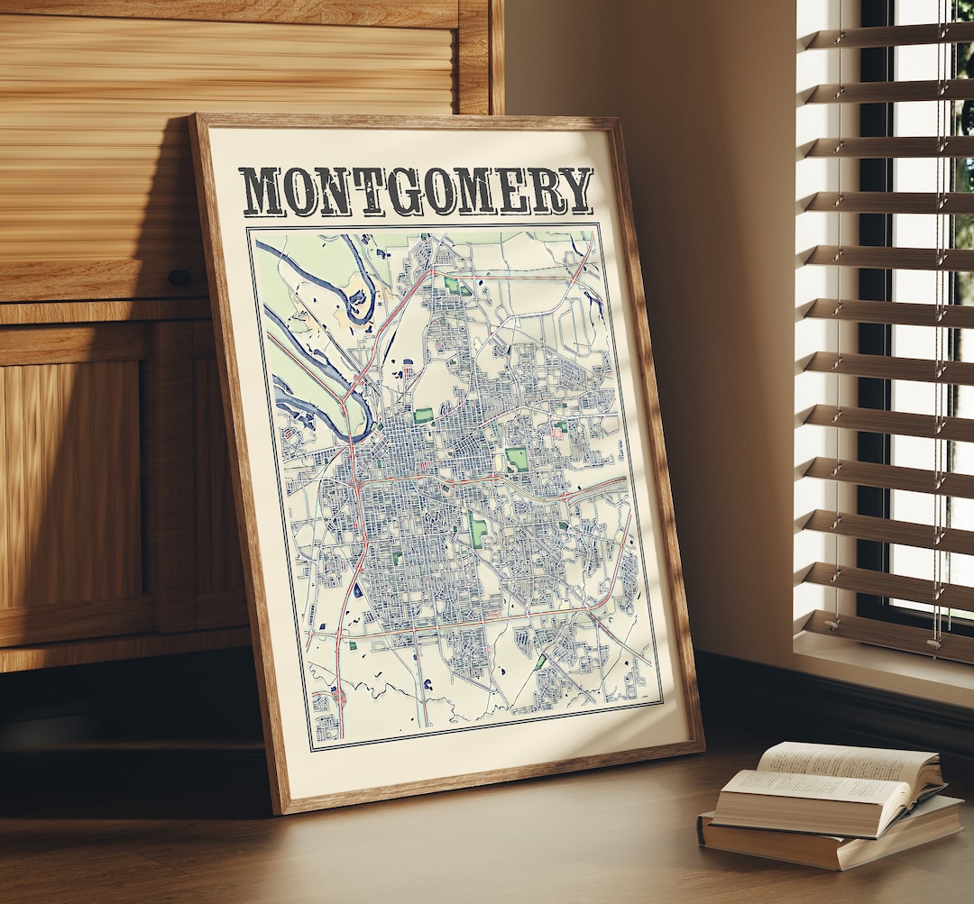 Antique Montgomery Map Poster of Montgomery Alabama Classic Map of ...