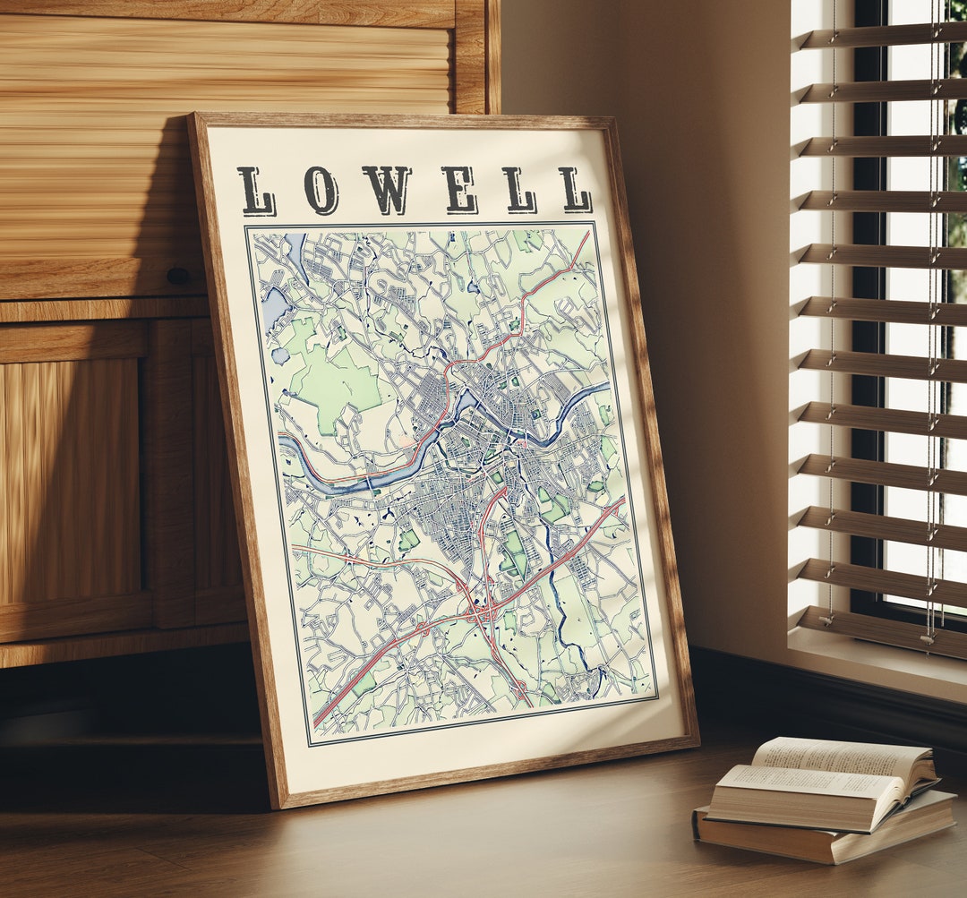 Antique Lowell Massachusetts Map Poster of Lowell Wall Art of Lowell MA ...