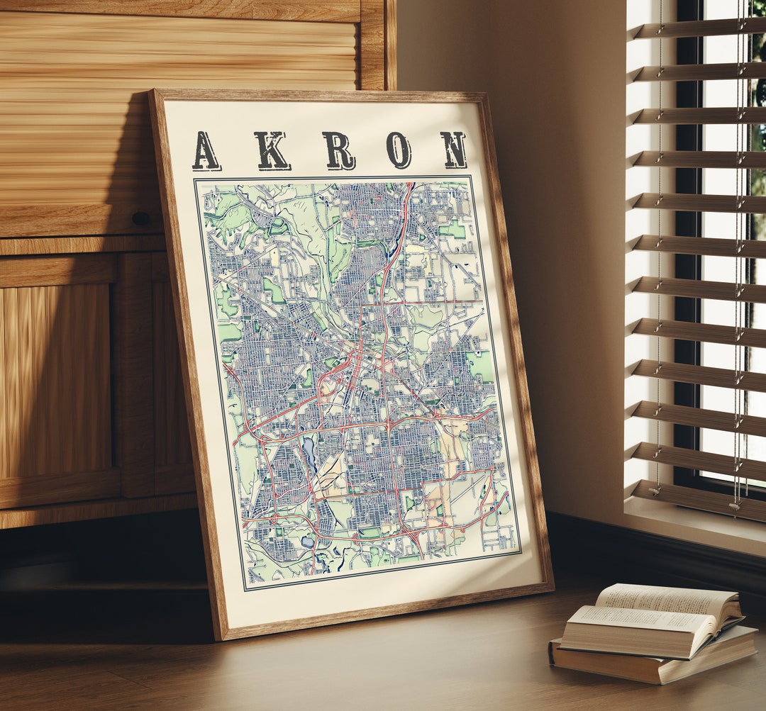 Antique Akron Map Poster of Akron Ohio Classic Map of Akron Print of ...