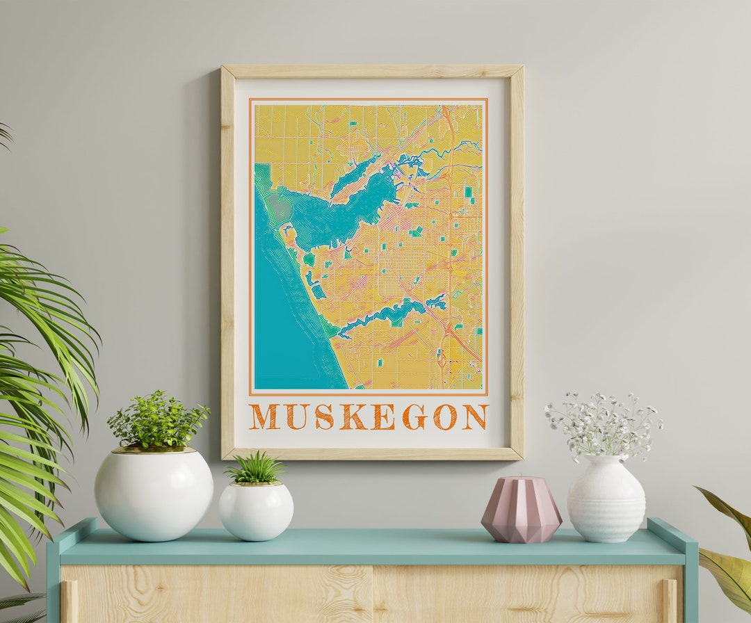 Watercolor Muskegon Map Poster of Muskegon Michigan Map of Muskegon ...