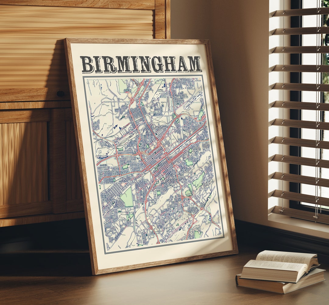 Antique Birmingham Map Poster of Birmingham Alabama Classic Map of ...