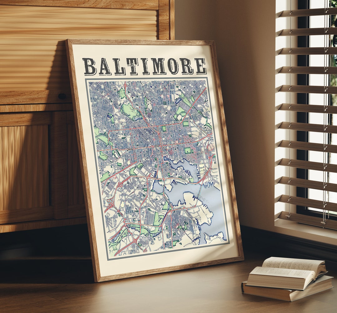 Antique Baltimore Map Poster of Baltimore Maryland Classic Map of ...