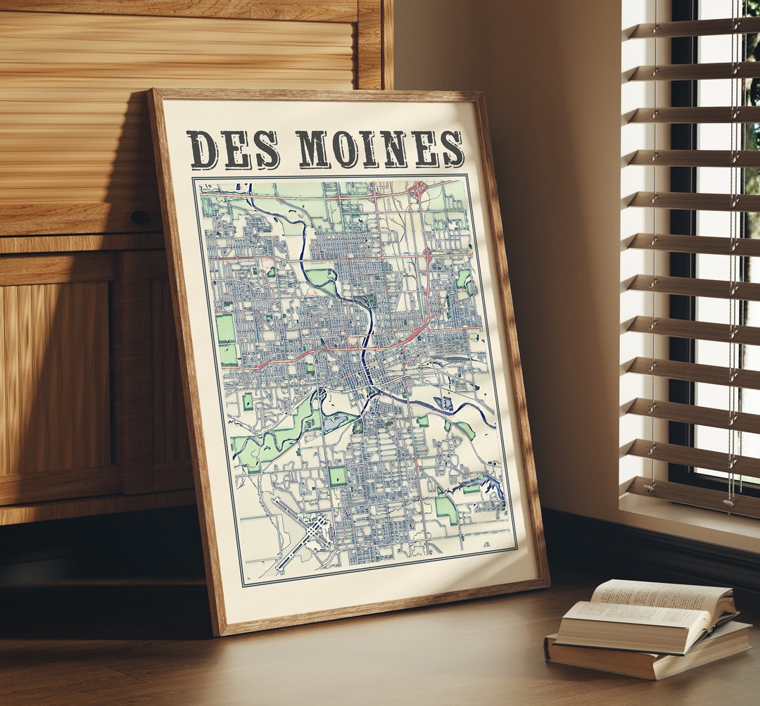 Antique Des Moines Map Poster of Des Moines Iowa Classic Map of Des ...