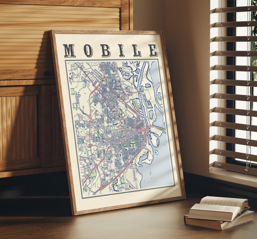 Antique Mobile Alabama Map Poster of Mobile Alabama Classic Map of ...