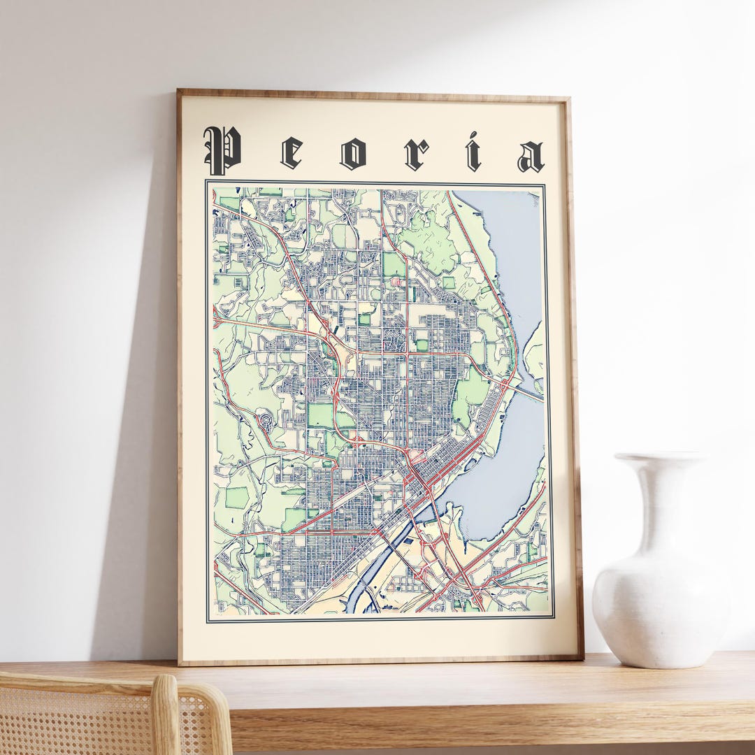 Classic Peoria Map Poster of Peoria Illinois Print of Peoria IL Map of ...