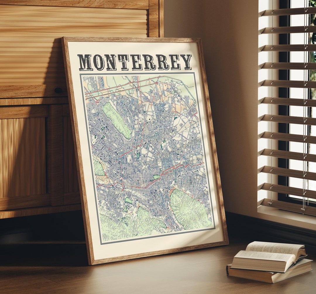 Antique Monterrey Map Poster of Monterrey Mexico Wall Art of Monterrey ...
