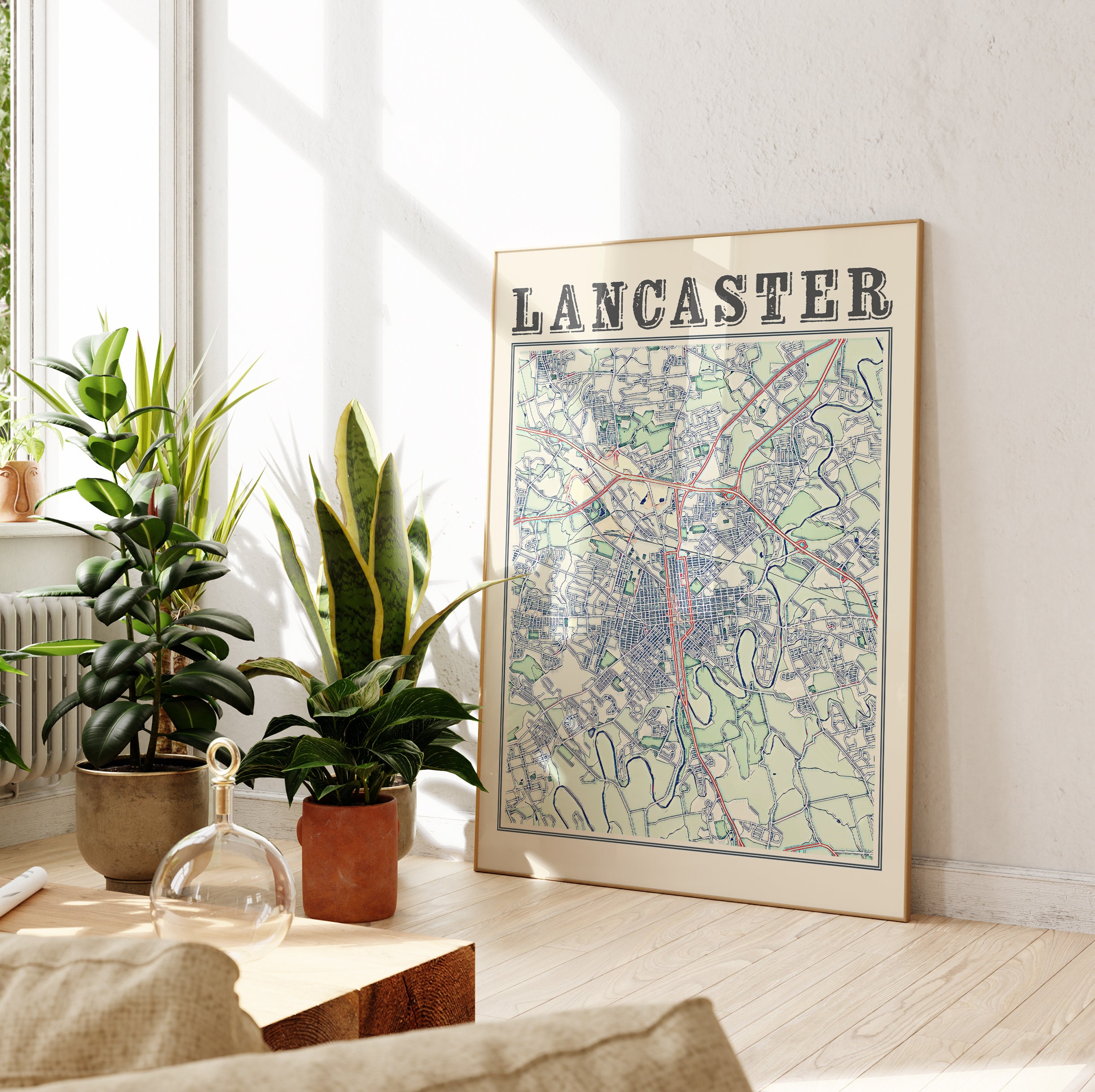 Antique Lancaster Map Poster of Lancaster Pennsylvania Classic Map of ...
