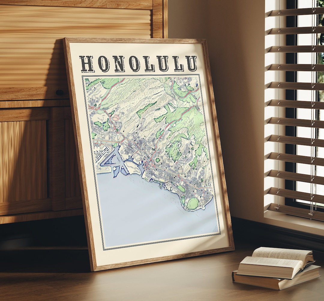 Antique Honolulu Map Poster of Honolulu Hawaii Vintage Home Décor of ...