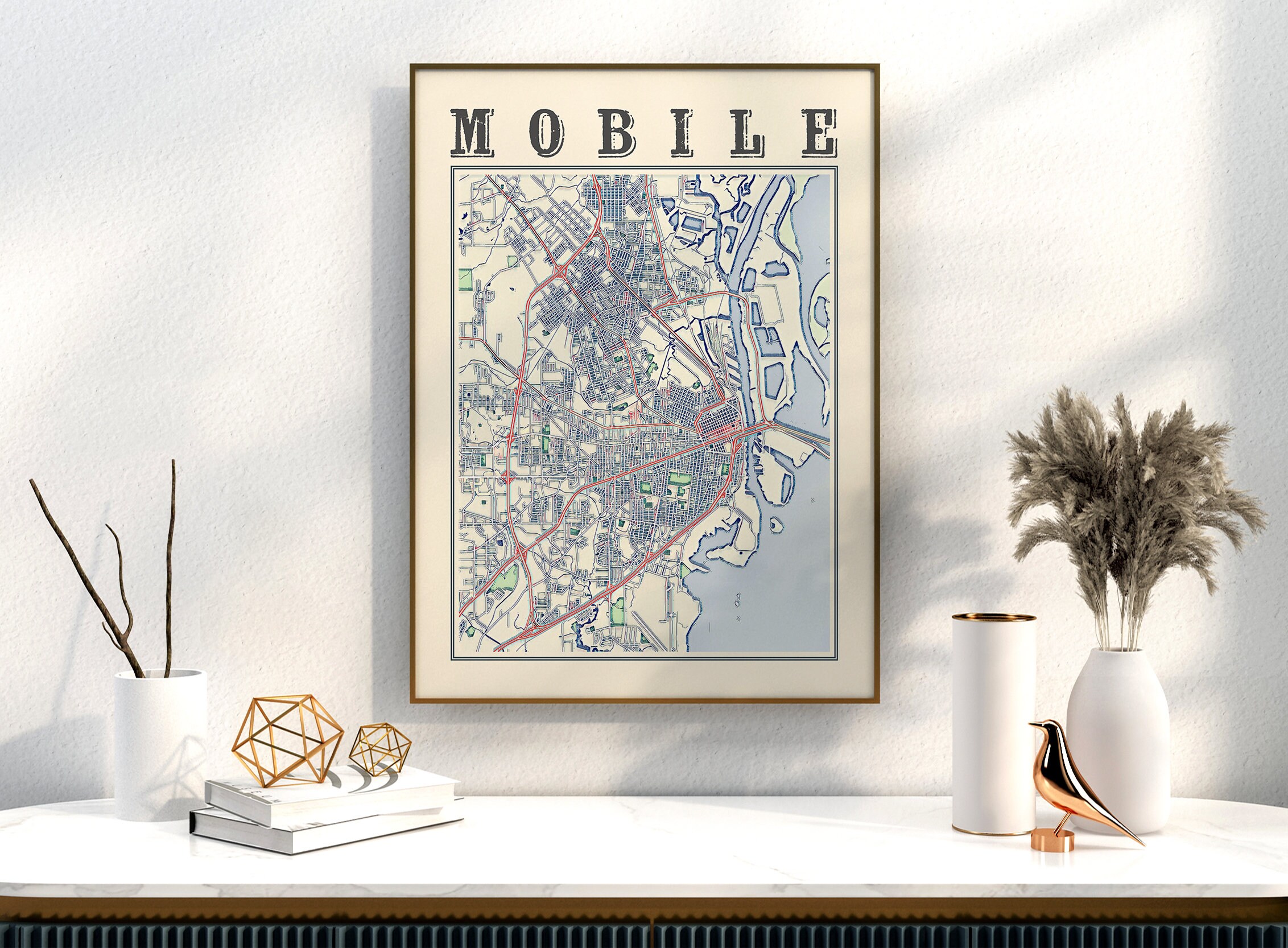 Antique Mobile Alabama Map Art Print, Classic City Souvenir - Etsy