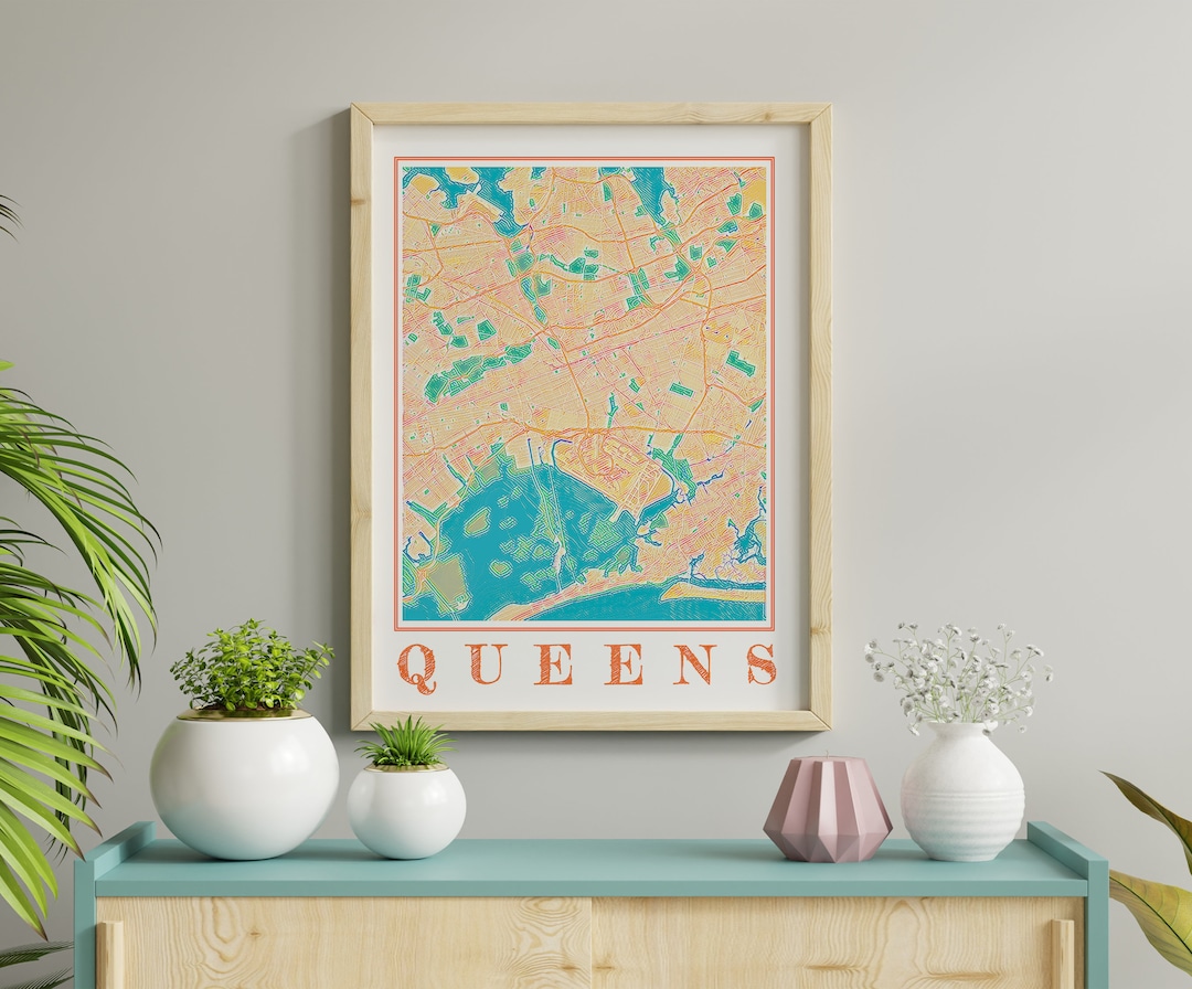 Watercolor Queens Map Poster of Queens New York Map of Queens Wall Art ...