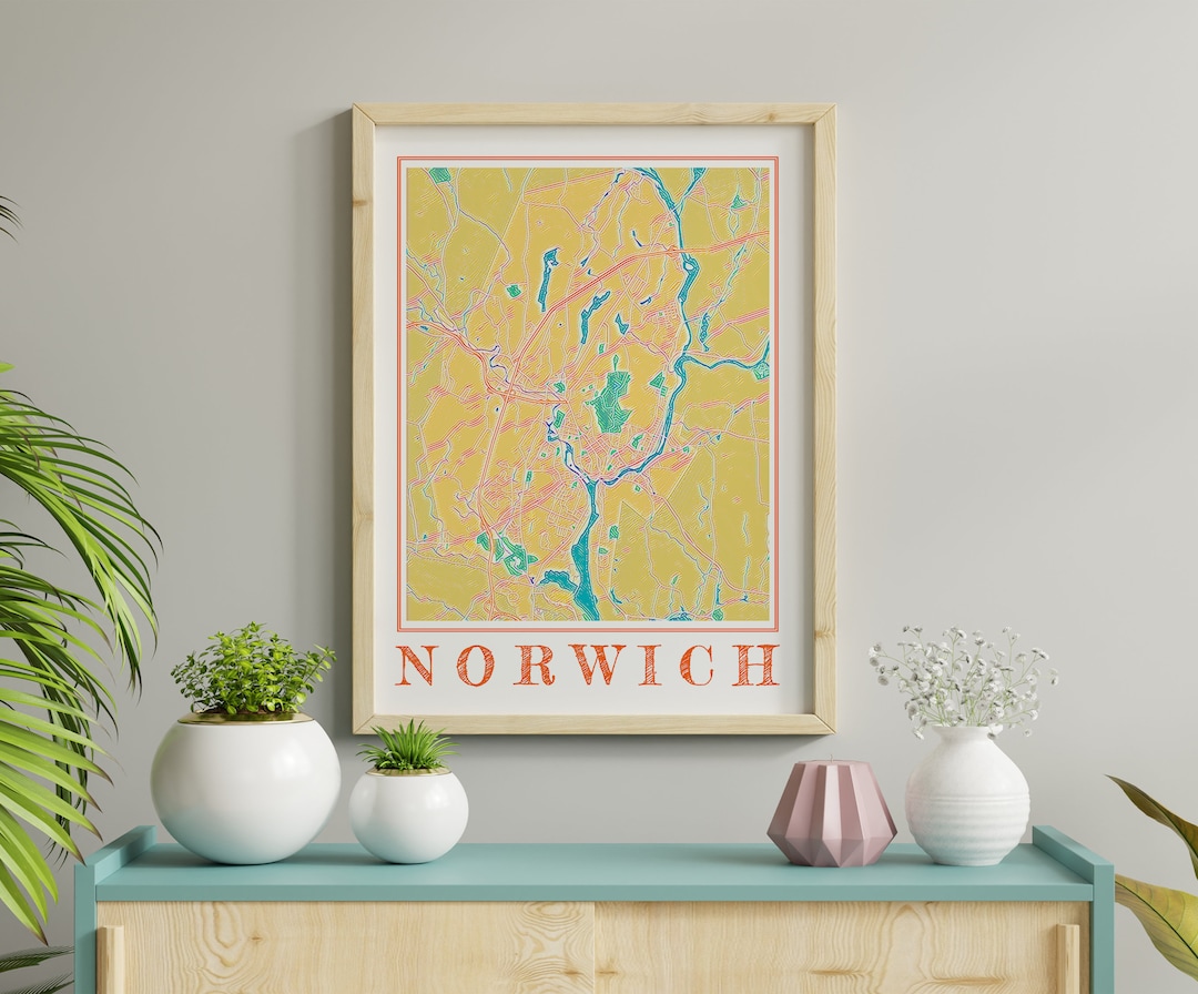 Watercolor Norwich Map Poster of Norwich Connecticut Map of Norwich ...