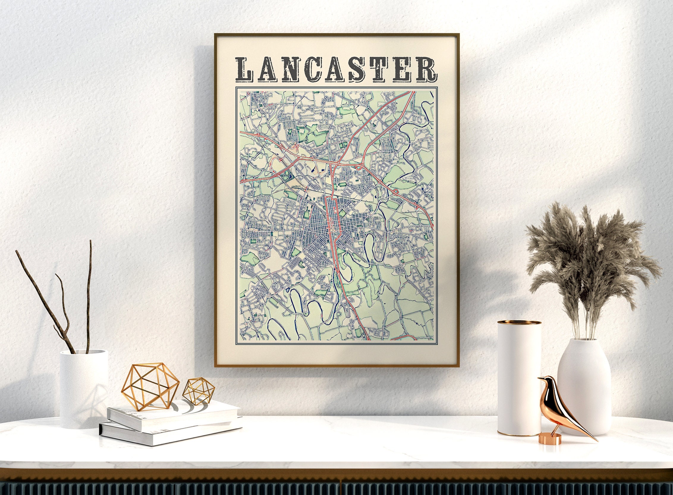Antique Lancaster Map Poster of Lancaster Pennsylvania Classic Map of ...