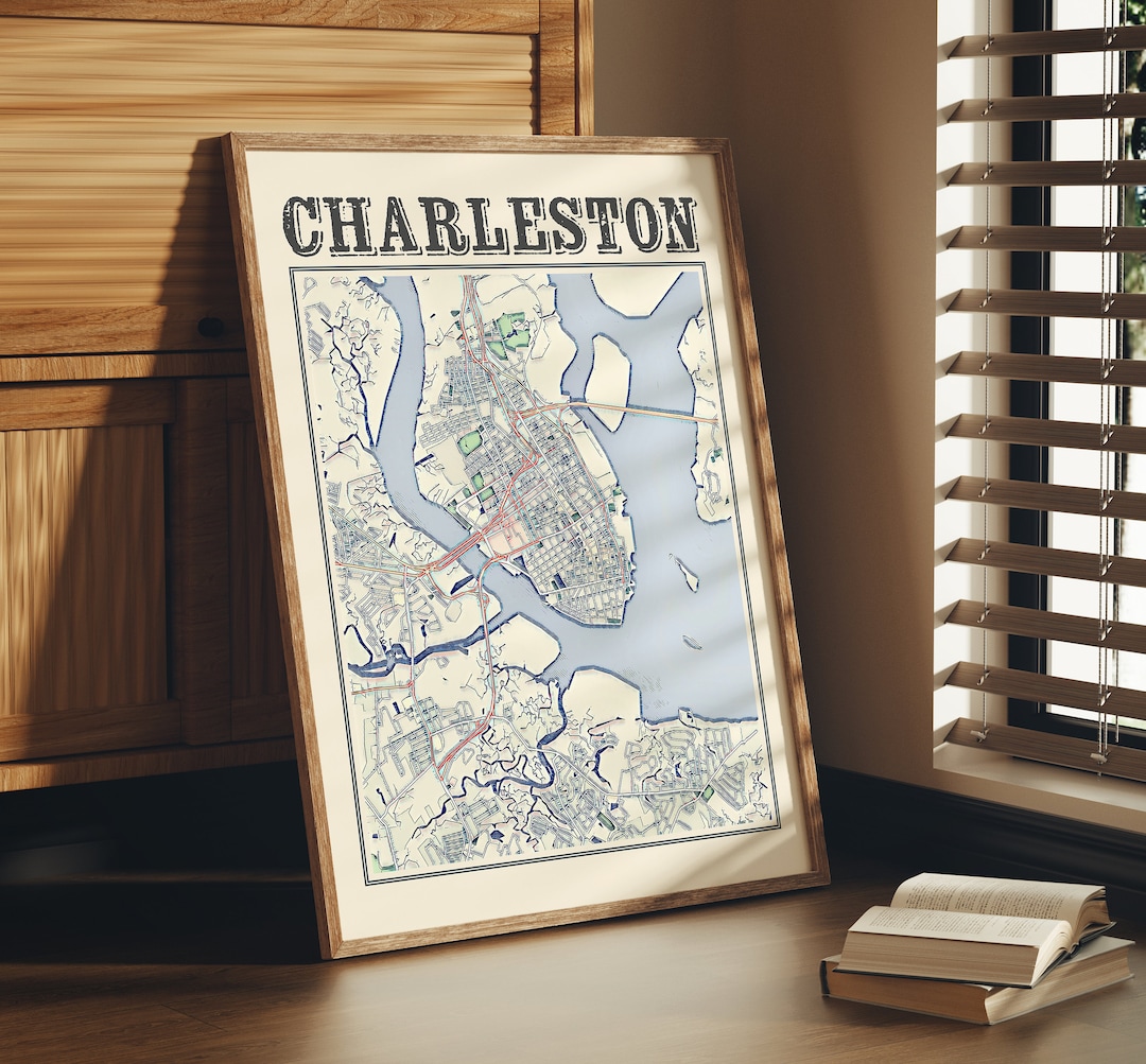 Antique Charleston Map Poster of Charleston South Carolina Classic Map ...
