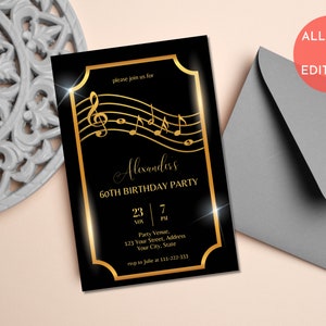 Music Notes Birthday Invitation, Editable Black Gold Music Birthday ...