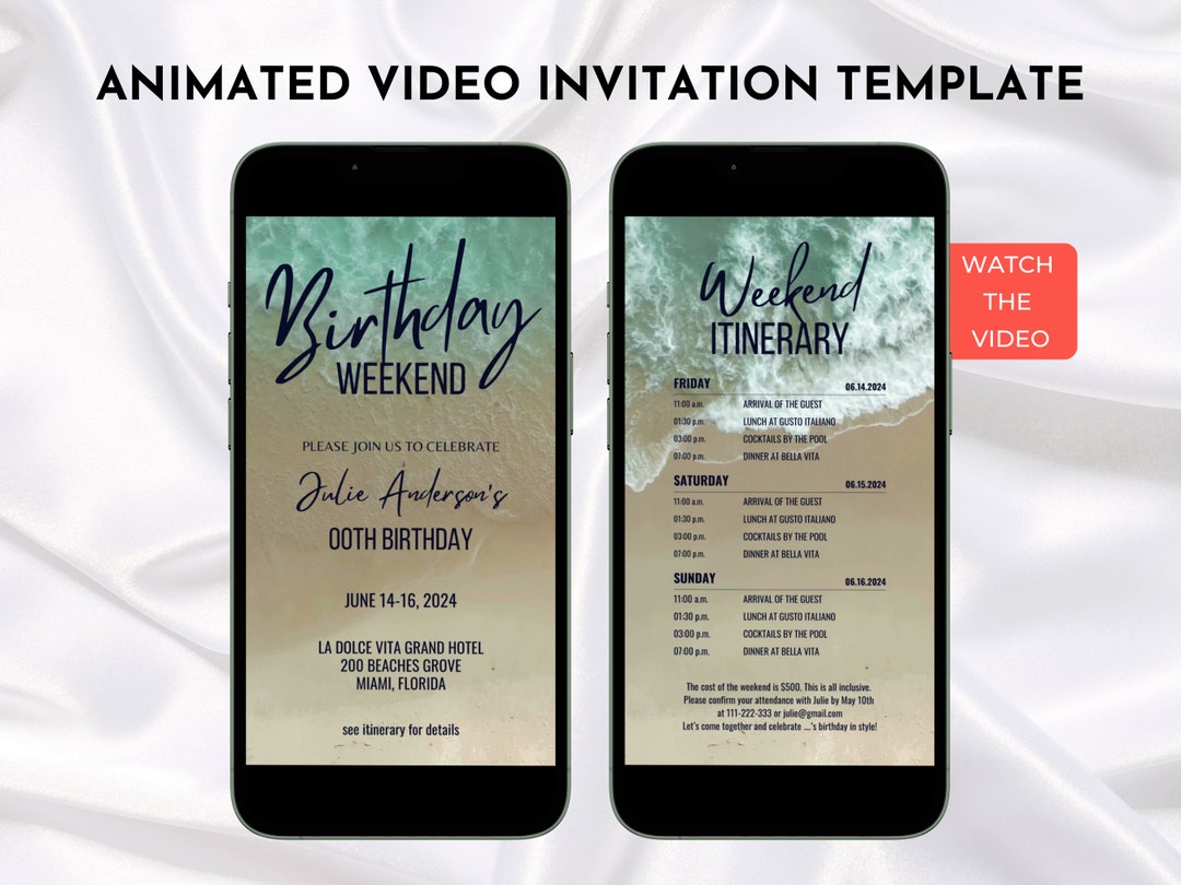 Birthday Weekend Video Invitation - Sandy Beach (editable Digital ...