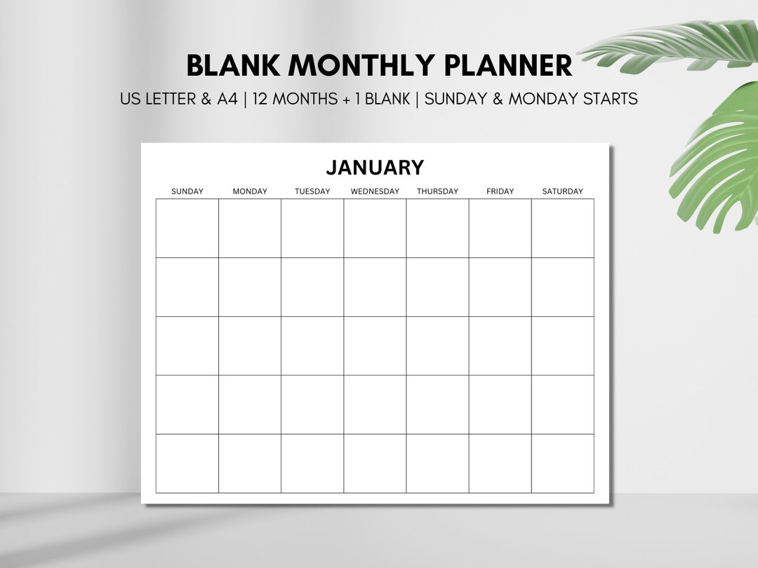 Printable Monthly Blank Planner, Undated Monthly Calendar, Simple ...