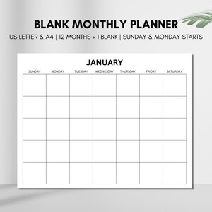 Printable Monthly Blank Planner, Undated Monthly Calendar, Simple ...