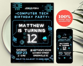 Editable Computer Birthday Invitation, Computer Tech Coding Programming ...