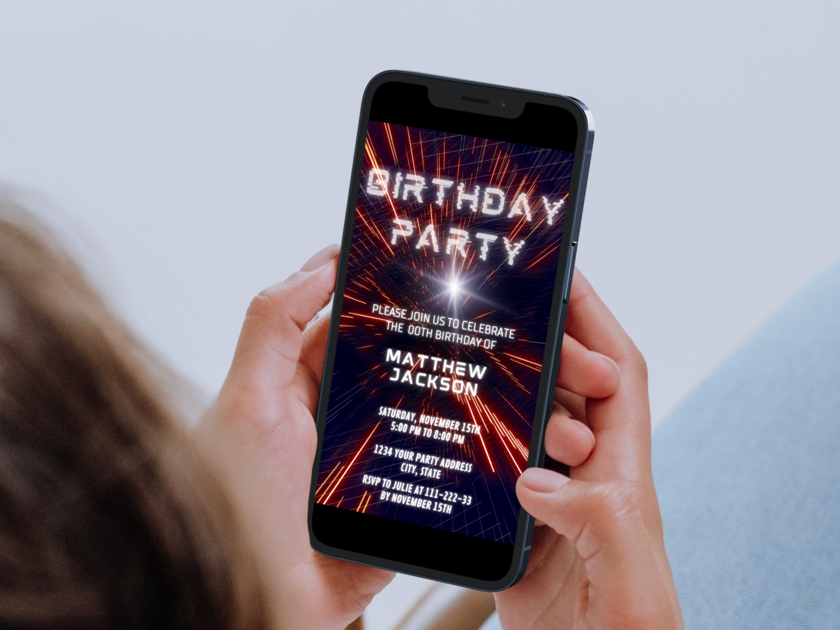 Video Birthday Party Invitation, Futuristic Red Lights Space Journey ...