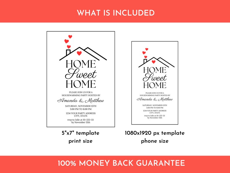 Minimalist Housewarming Invitation Home Sweet Home & Hearts House ...