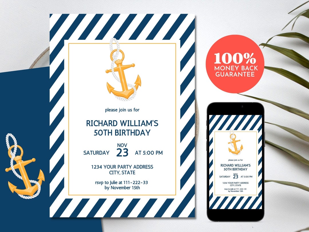 Navy Blue Anchor Birthday Invitation: Sailor Cruise Party (digital ...