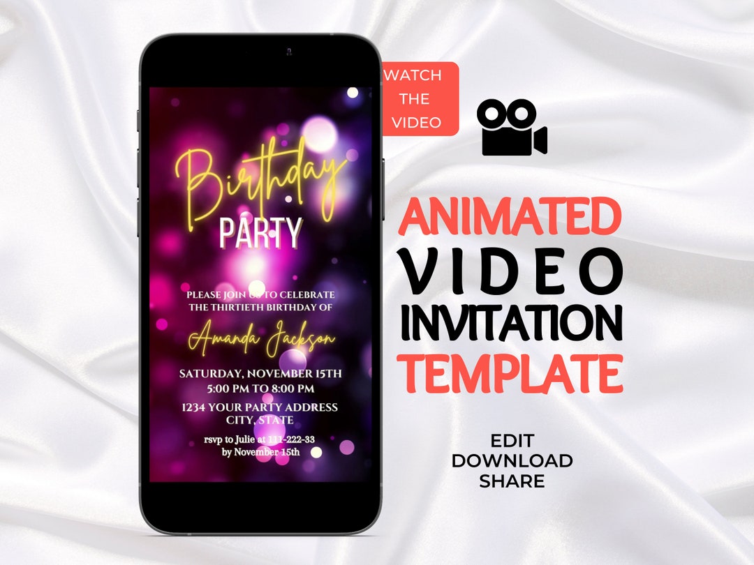 Editable Video Birthday Invitation, Sparkling Pink Blue Lights Animated ...