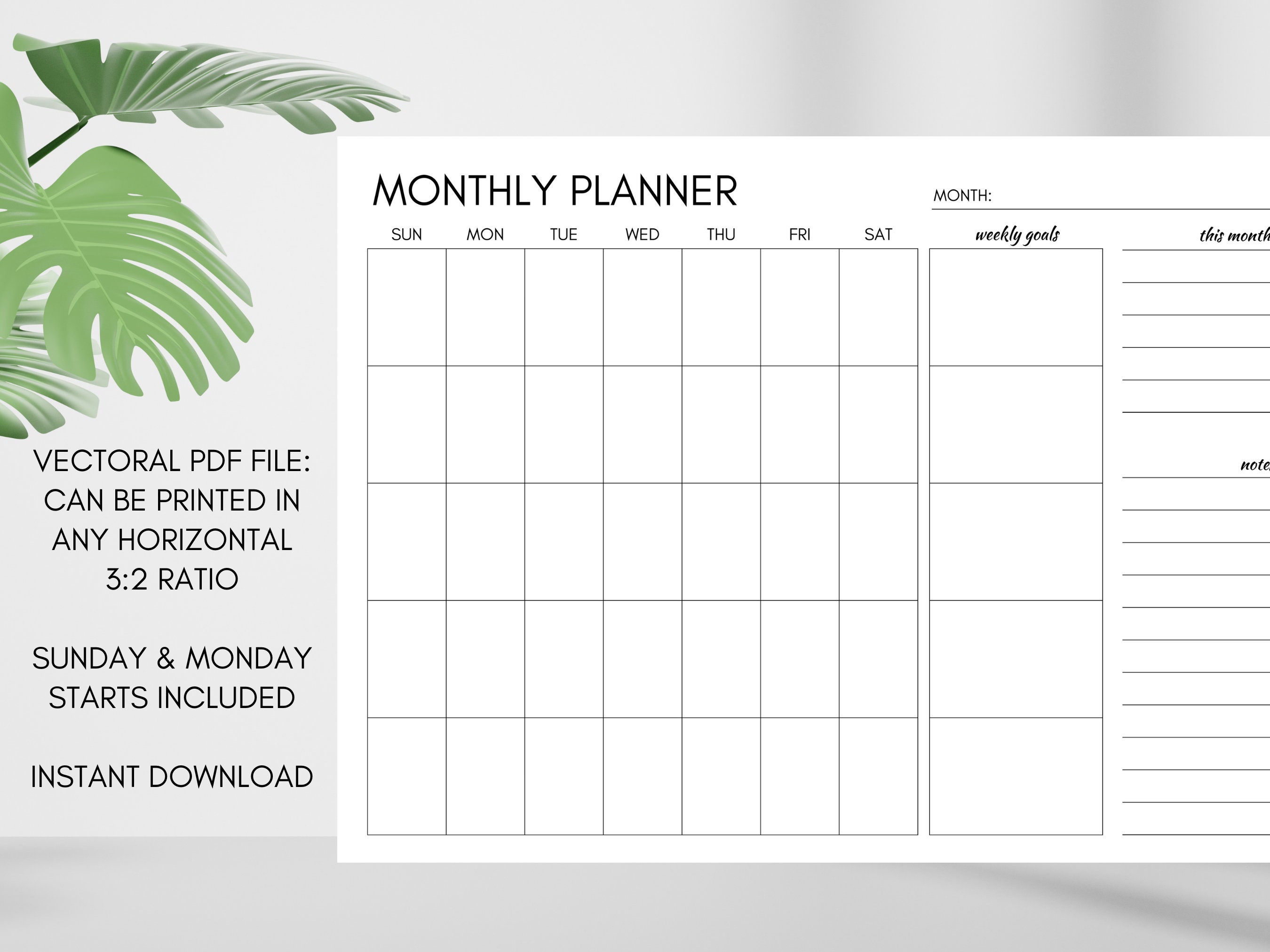 Blank Monthly Planner, Printable Large Month Planner, Undated Calendar ...